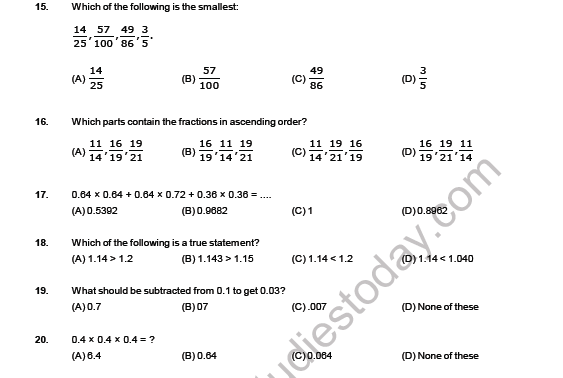 CBSE Class 7 Mathematics Fractions and Decimals MCQs Set A with Answers
